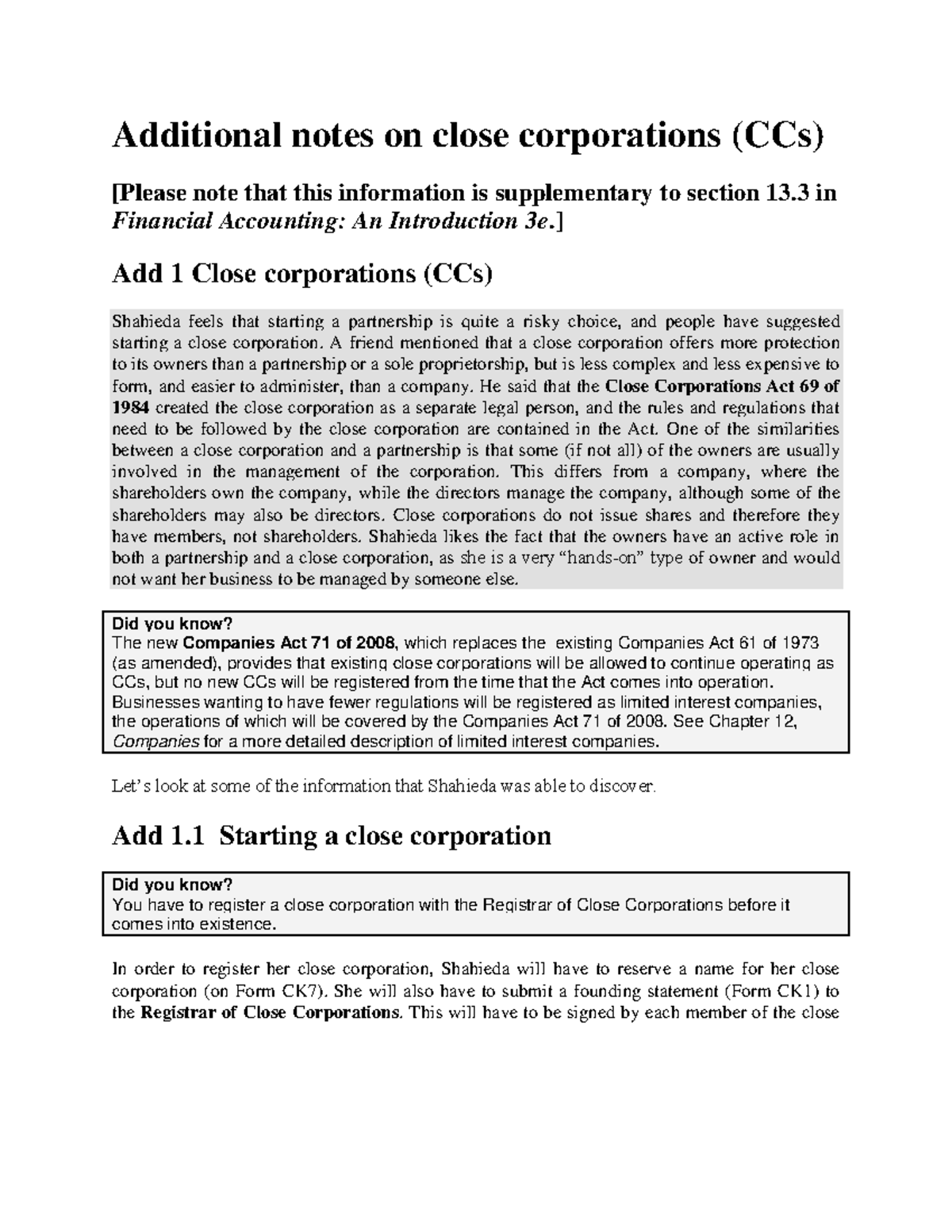 Close corporations additional notes - Additional notes on close ...