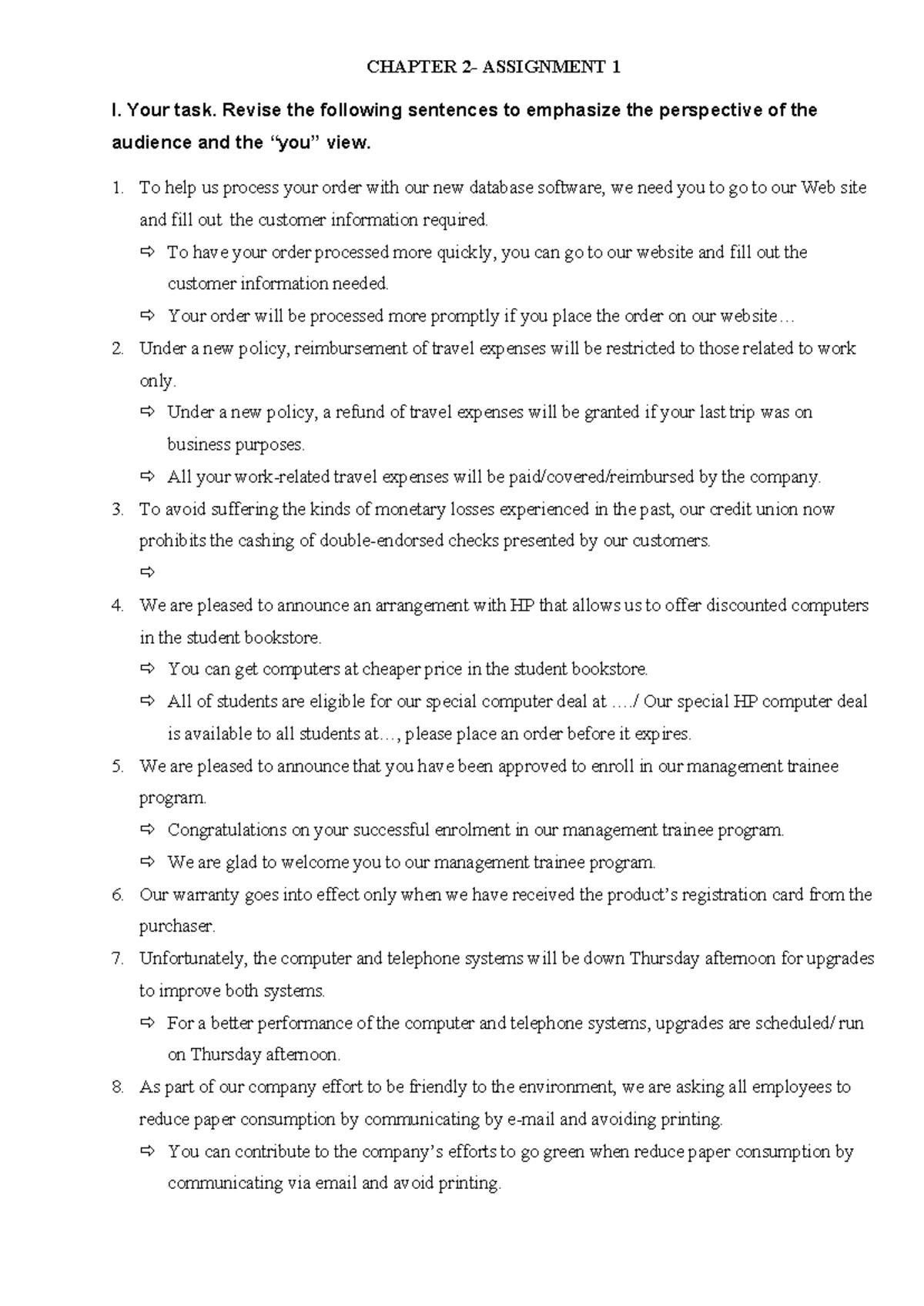 Chapter 2- Assignment 1 - CHAPTER 2- ASSIGNMENT 1 I. Your task. Revise the following sentences ...