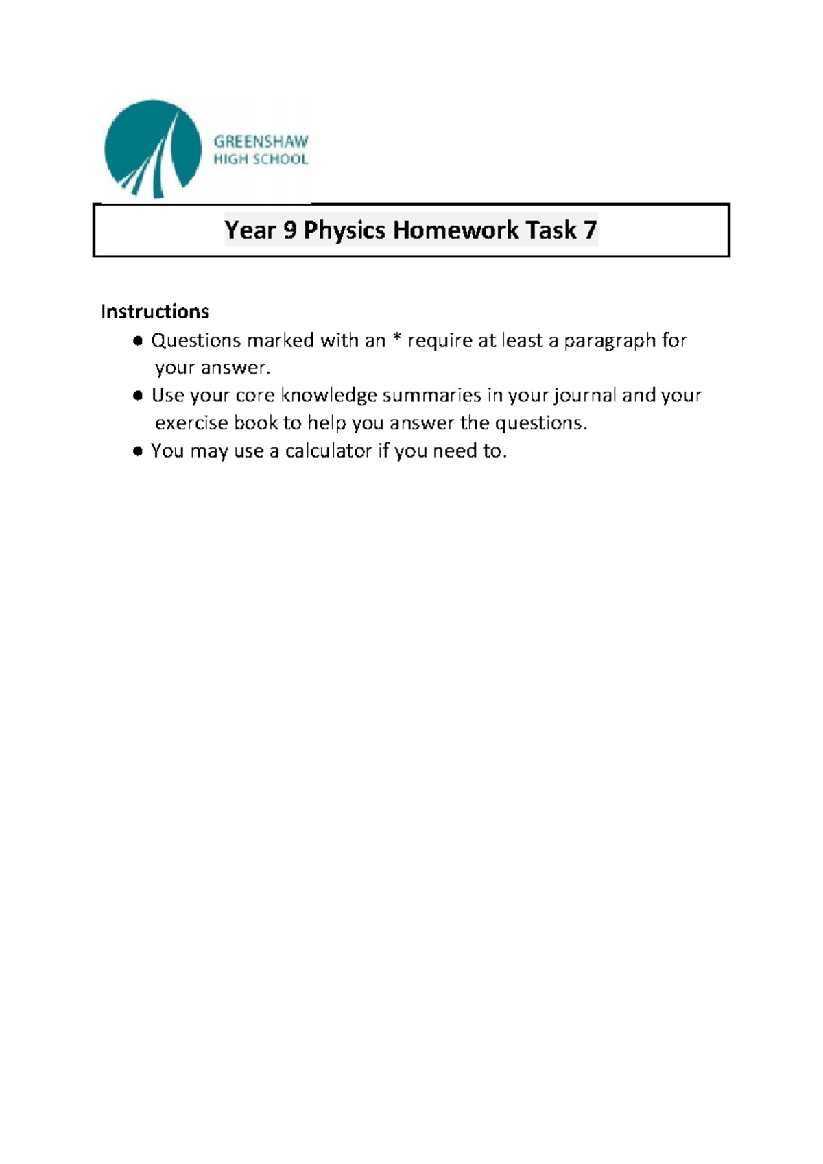 Homework For Physics - Year 9 Physics Homework Task 7 Instructions ...