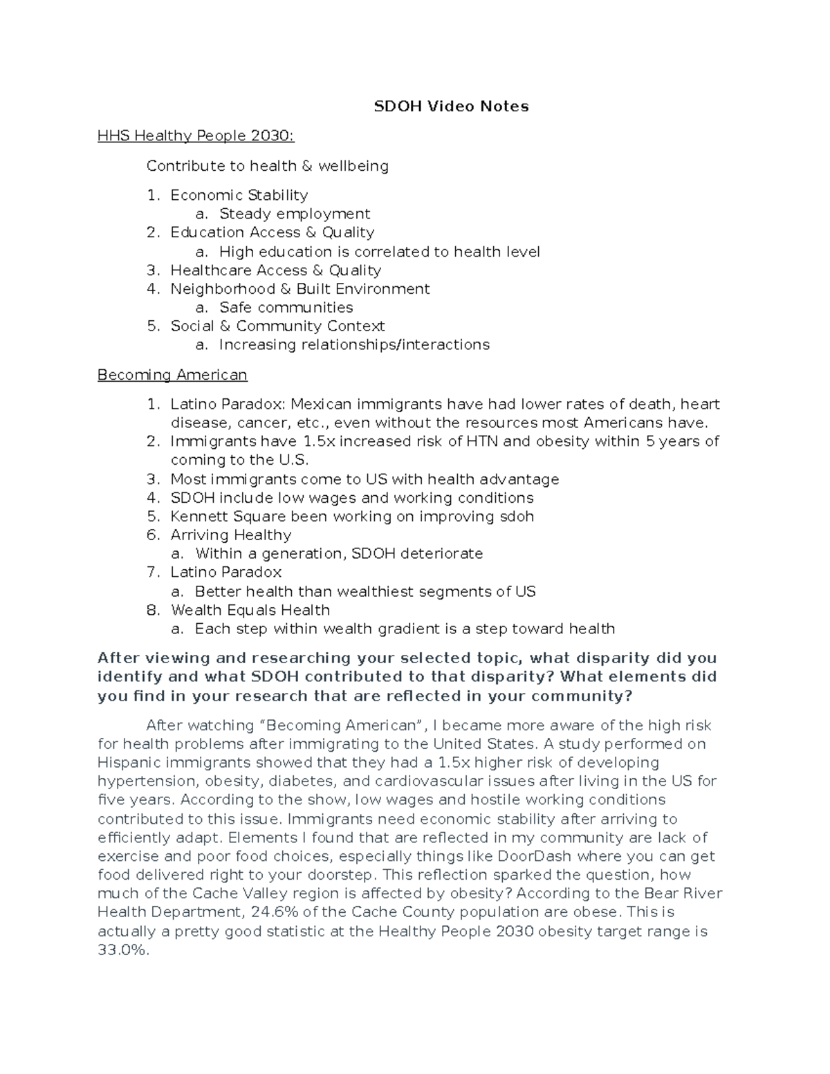 SDOH Video Notes - SDOH Video Notes HHS Healthy People 2030: Contribute ...