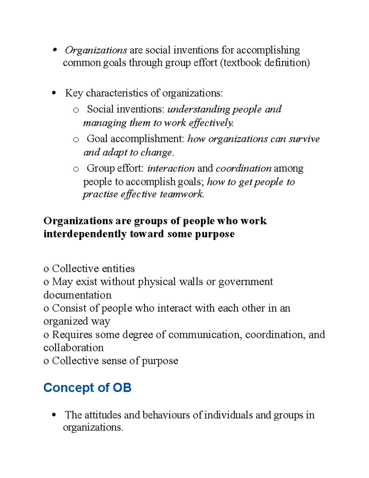 MHR 405 In Class Week 1 - notes - Organizations are social inventions ...