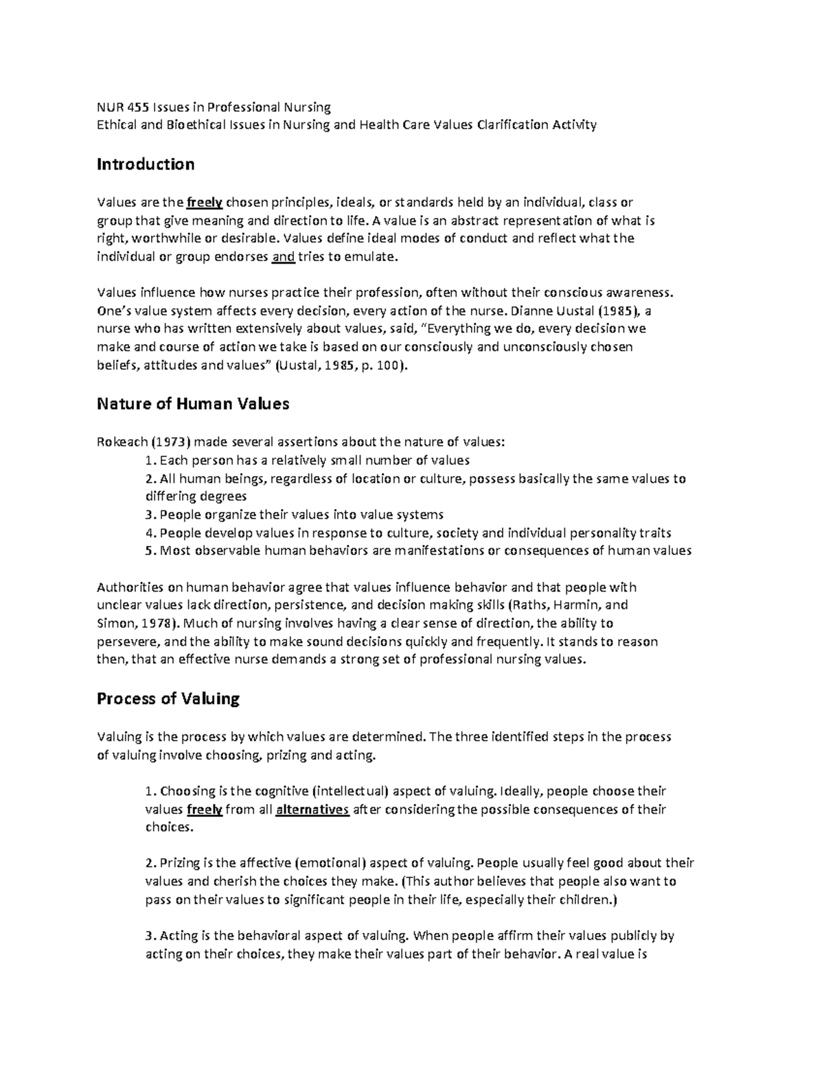 Nursing Values Clarification - NUR 455 Issues in Professional Nursing ...