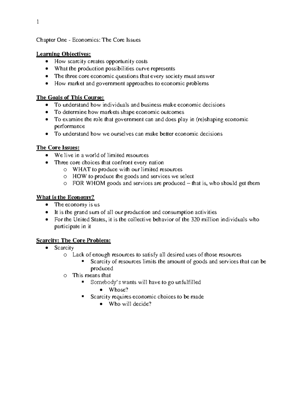 Chapter One Notes - Della - 1 Chapter One - Economics: The Core Issues ...