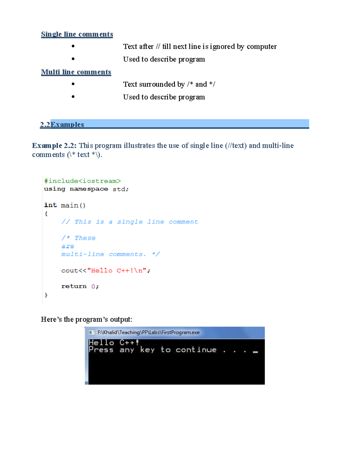 Labmanual 3 - Single line comments Text after // till next line is ...