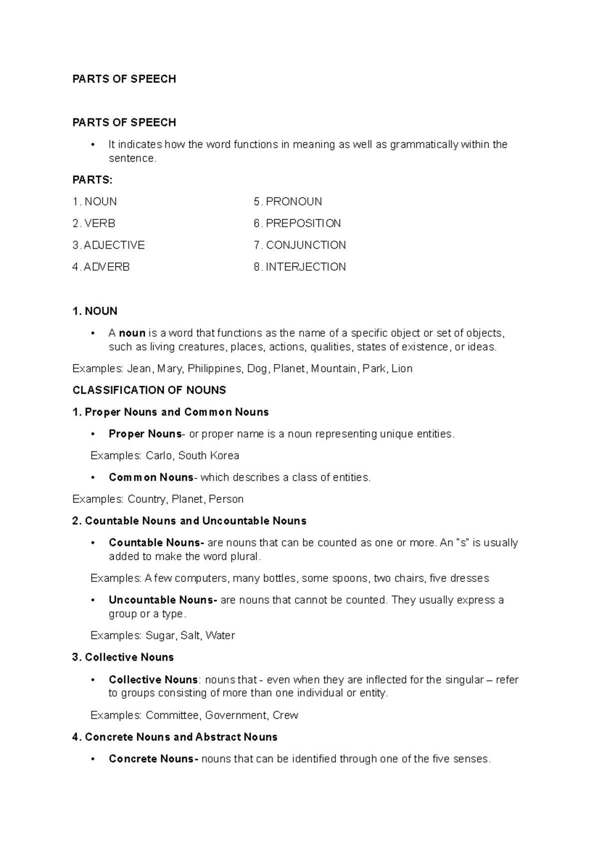 Parts OF Speech - • It indicates how the word functions in meaning as ...