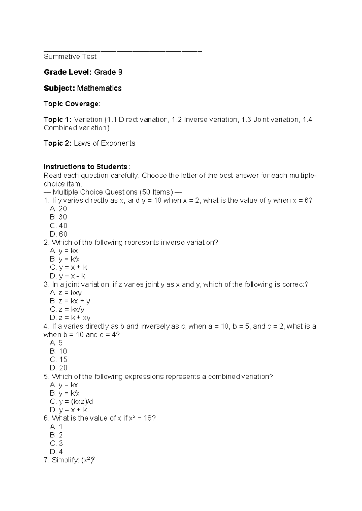 Summative test Mathematics ...