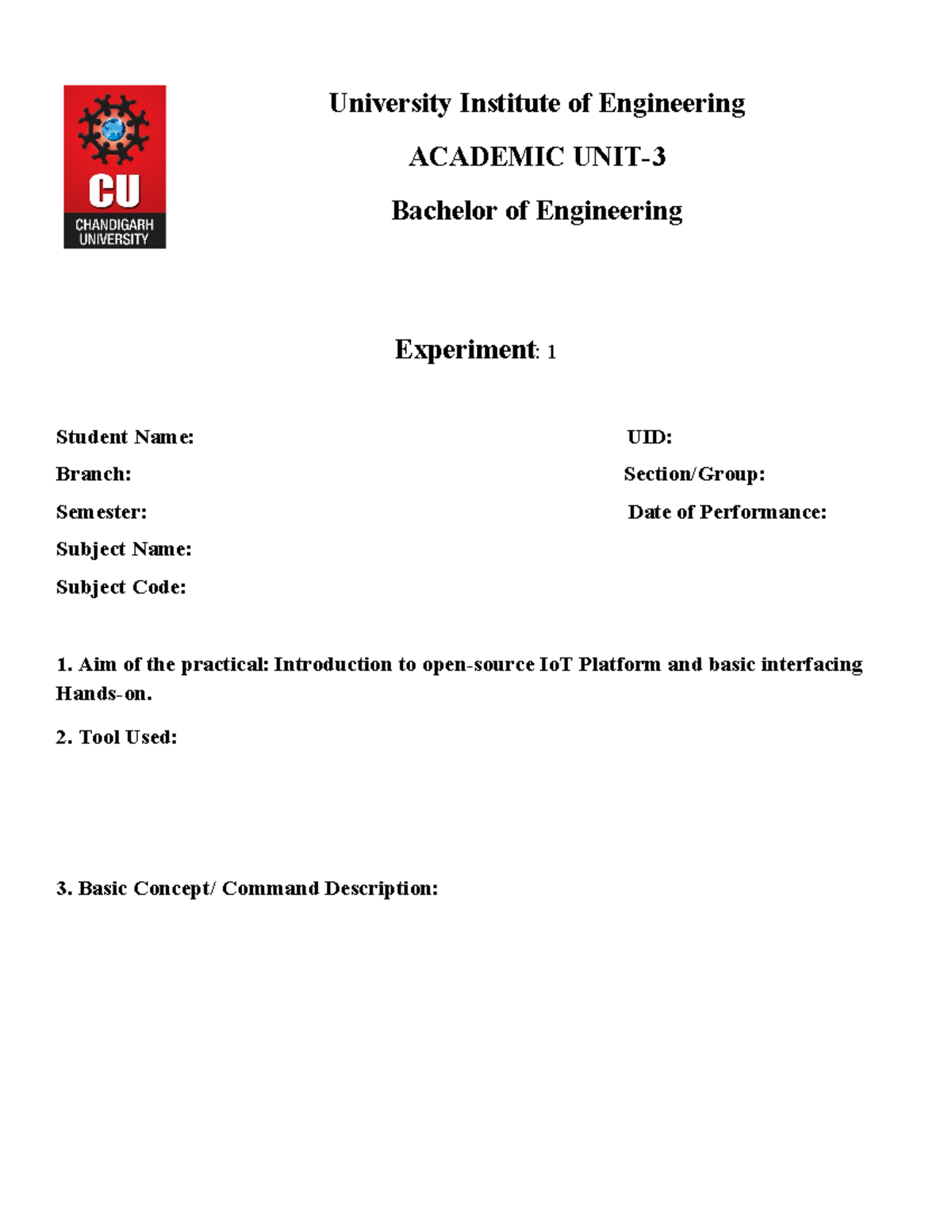 Worksheet Sample exp 1 - ACADEMIC UNIT- Bachelor of Engineering ...