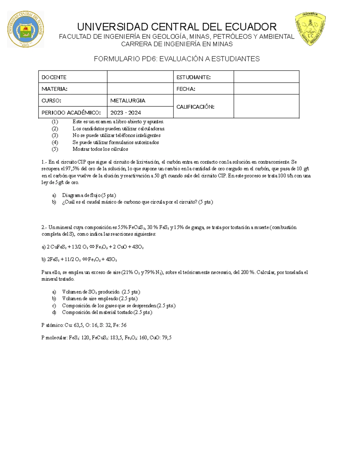 Ejercicios Hidrometalurgia - Universidad Central del Ecuador Facultad de Ciencias Químicas ...