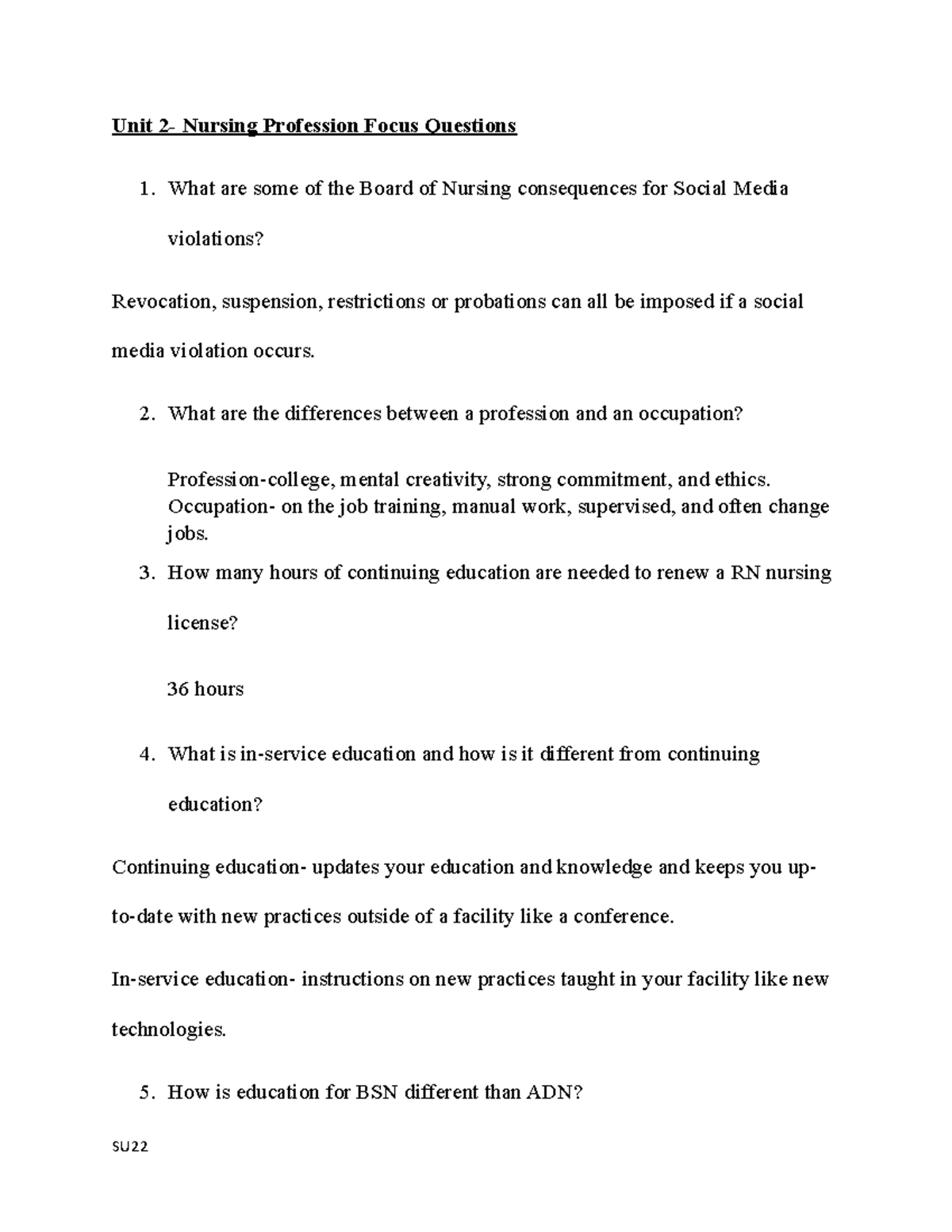 Unit 2 Focus Questions finished - Unit 2- Nursing Profession Focus ...
