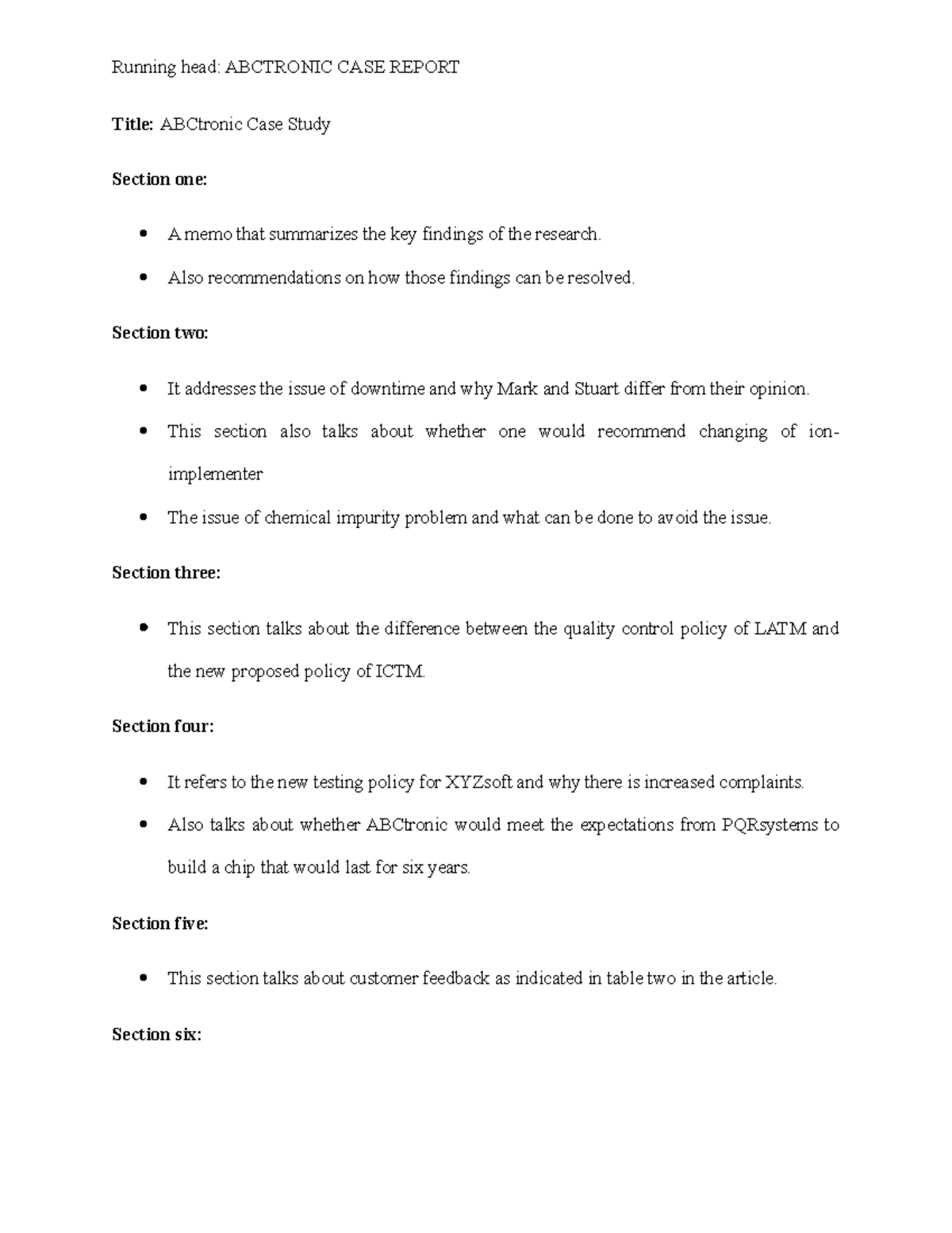 Answer 3 - lab-9 - Running head: ABCTRONIC CASE REPORT Title: ABCtronic ...