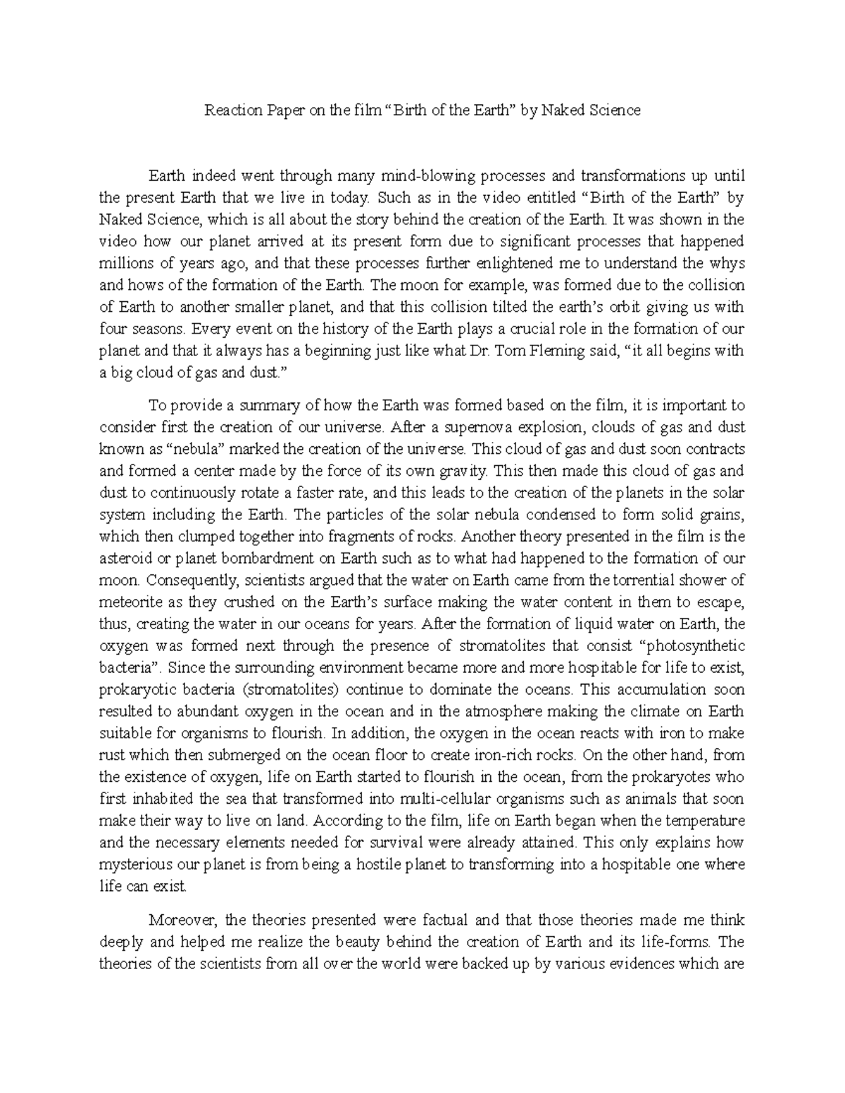 Reaction- Paper- Geology - Reaction Paper on the film “Birth of the ...