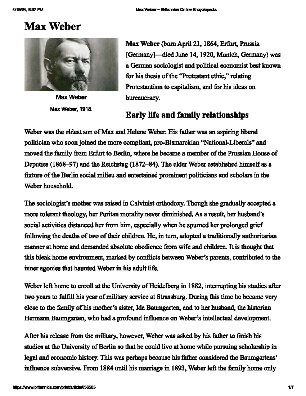 Stanford Encyclopedia of Philosophy entry about Max Weber - Psychology ...