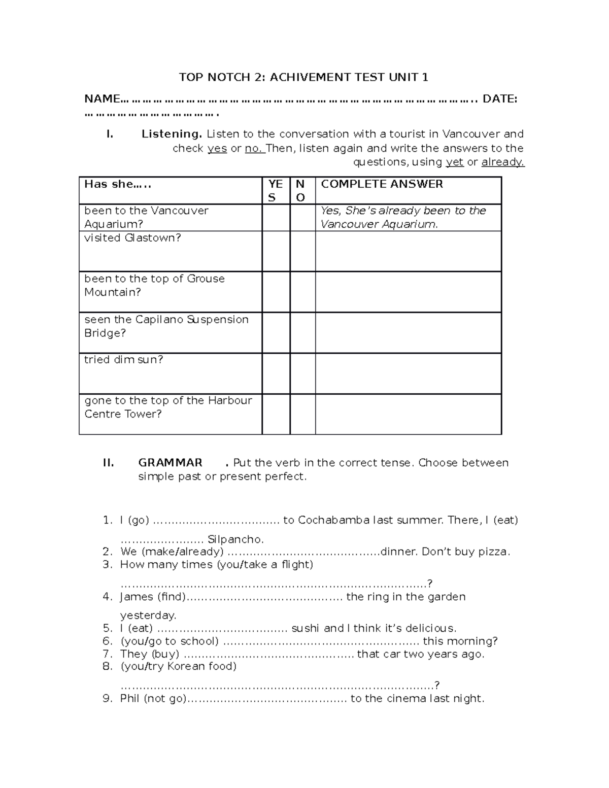 Toaz - Assesement top notch 2 - TOP NOTCH 2: ACHIVEMENT TEST UNIT 1 ...