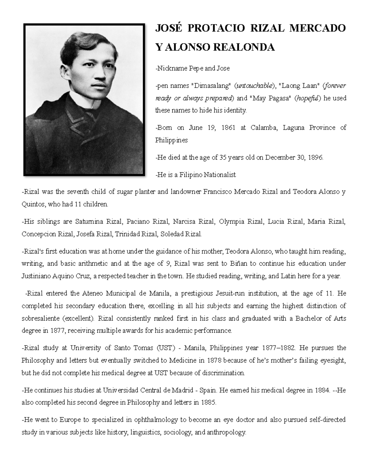 Biographical Sketch of Jose Rizal - JOSÉ PROTACIO RIZAL MERCADO Y ...