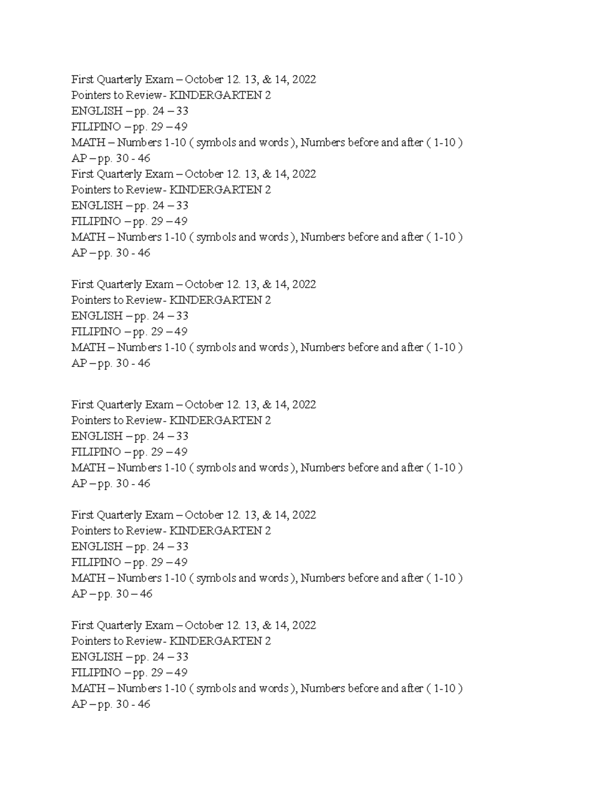 Pointers Kinder 1ST Quarterly EXAM - MATH – Numbers 1-10 ( symbols and ...