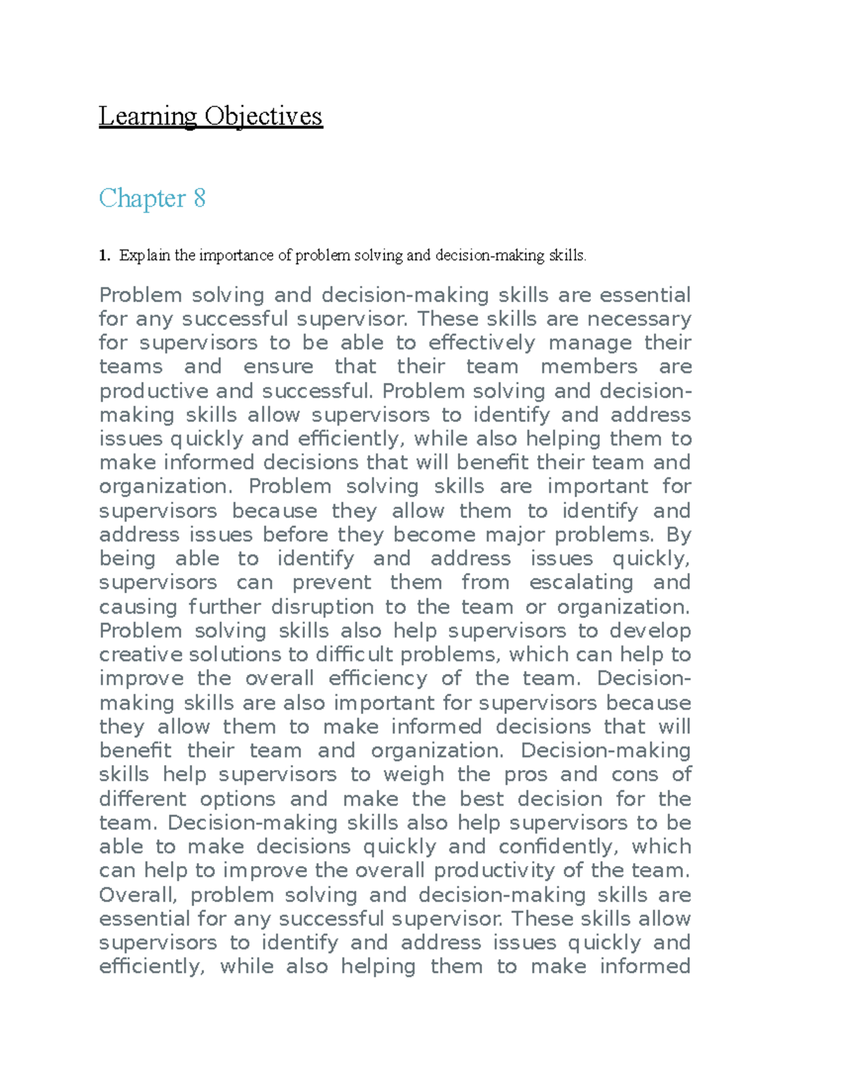 Chapter 8 - Supervision Learning Objectives - Learning Objectives Chapter 8 Explain the ...