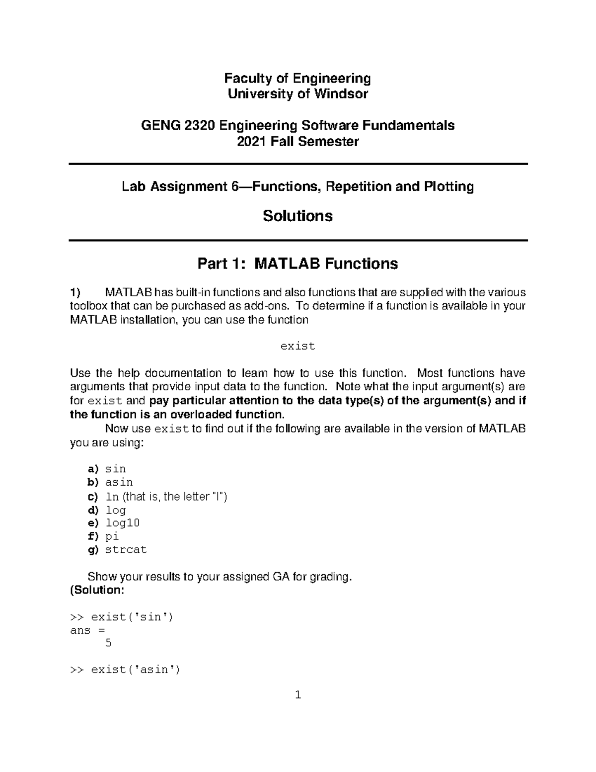 Lab Assignment 06 Solutions - Faculty of Engineering University of Windsor GENG 2320 Engineering ...