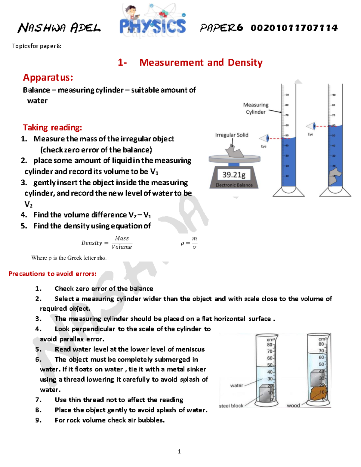 Notes for paper 6 - Topics for paper 6: 1 - Measurement and Density ...