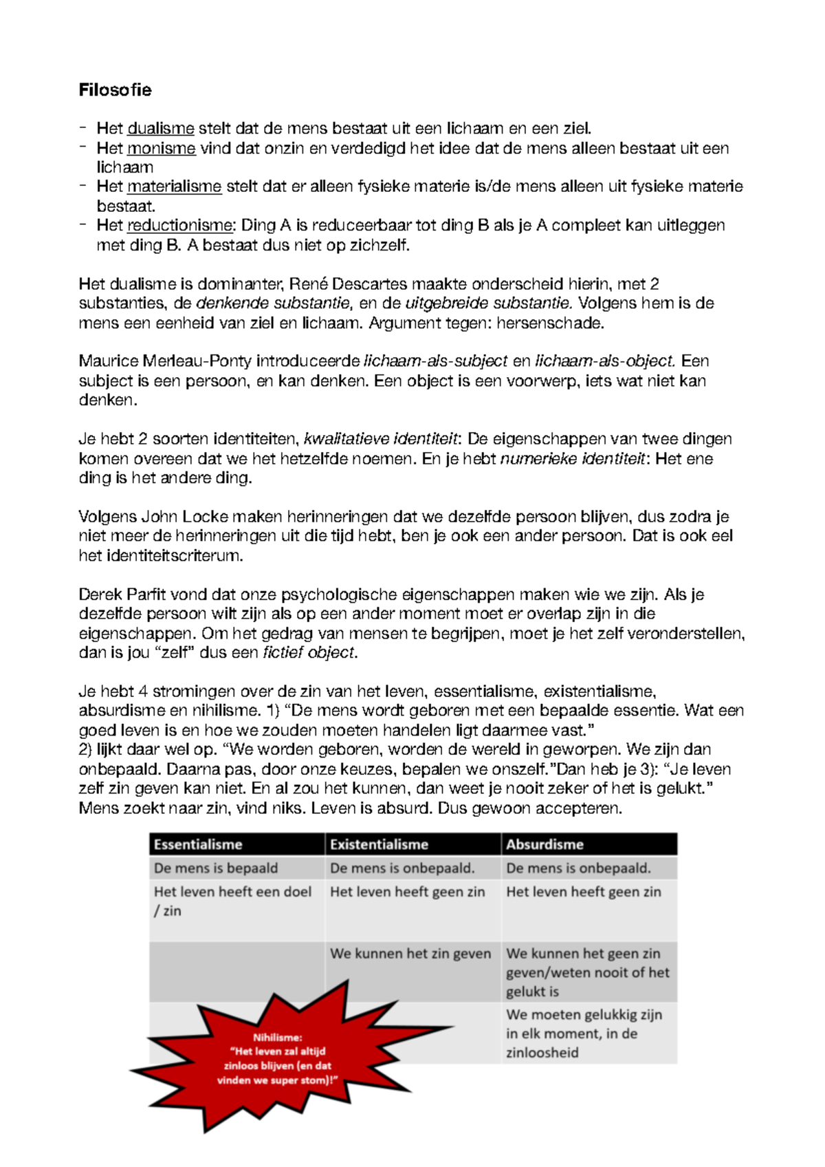 Filosofie periode 1 2 - Filo samenvatting - Filosofie - Het dualisme stelt dat de mens bestaat ...