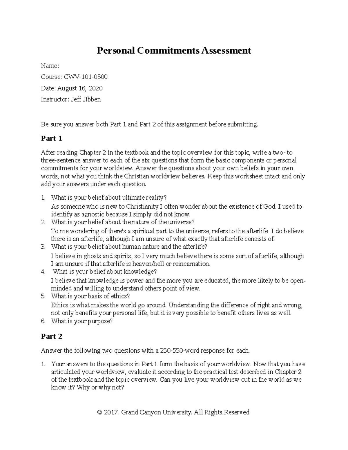 Personal Commitments Assign - Personal Commitments Assessment Name ...