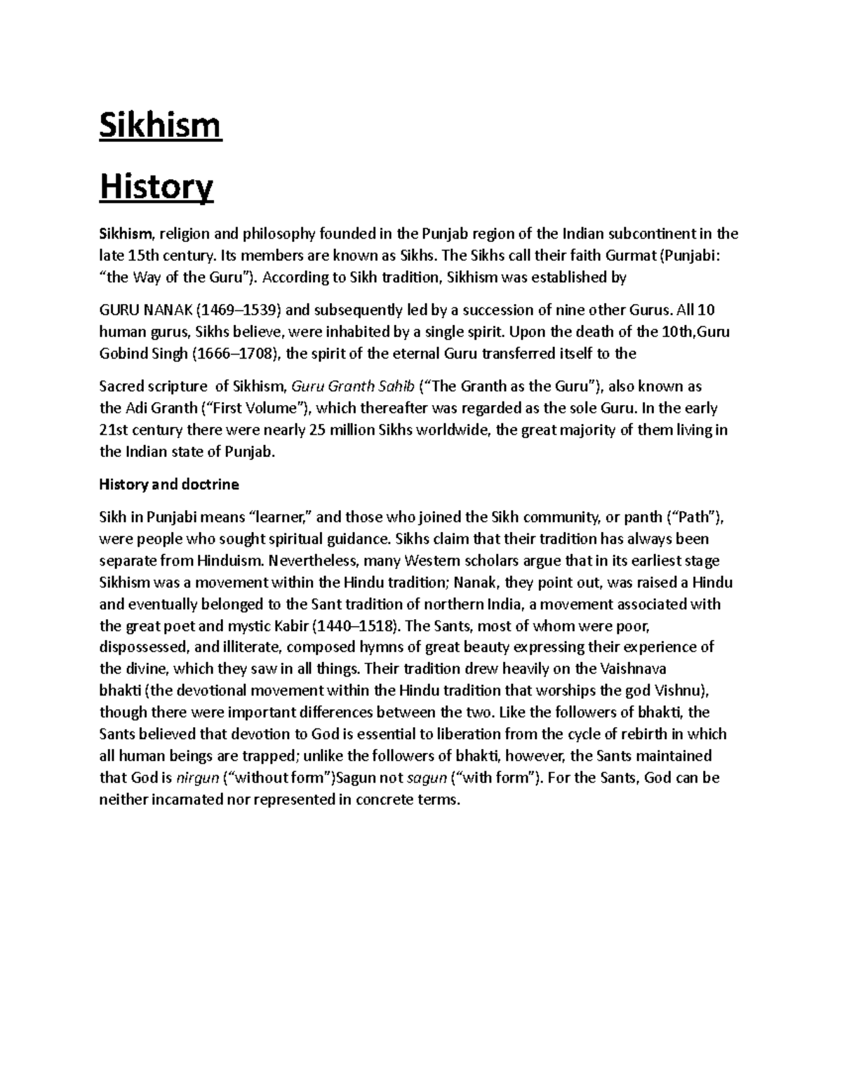 Sikhism - LECTURE NOTES OF ISLAMIC STUUDIES - Sikhism History Sikhism ...