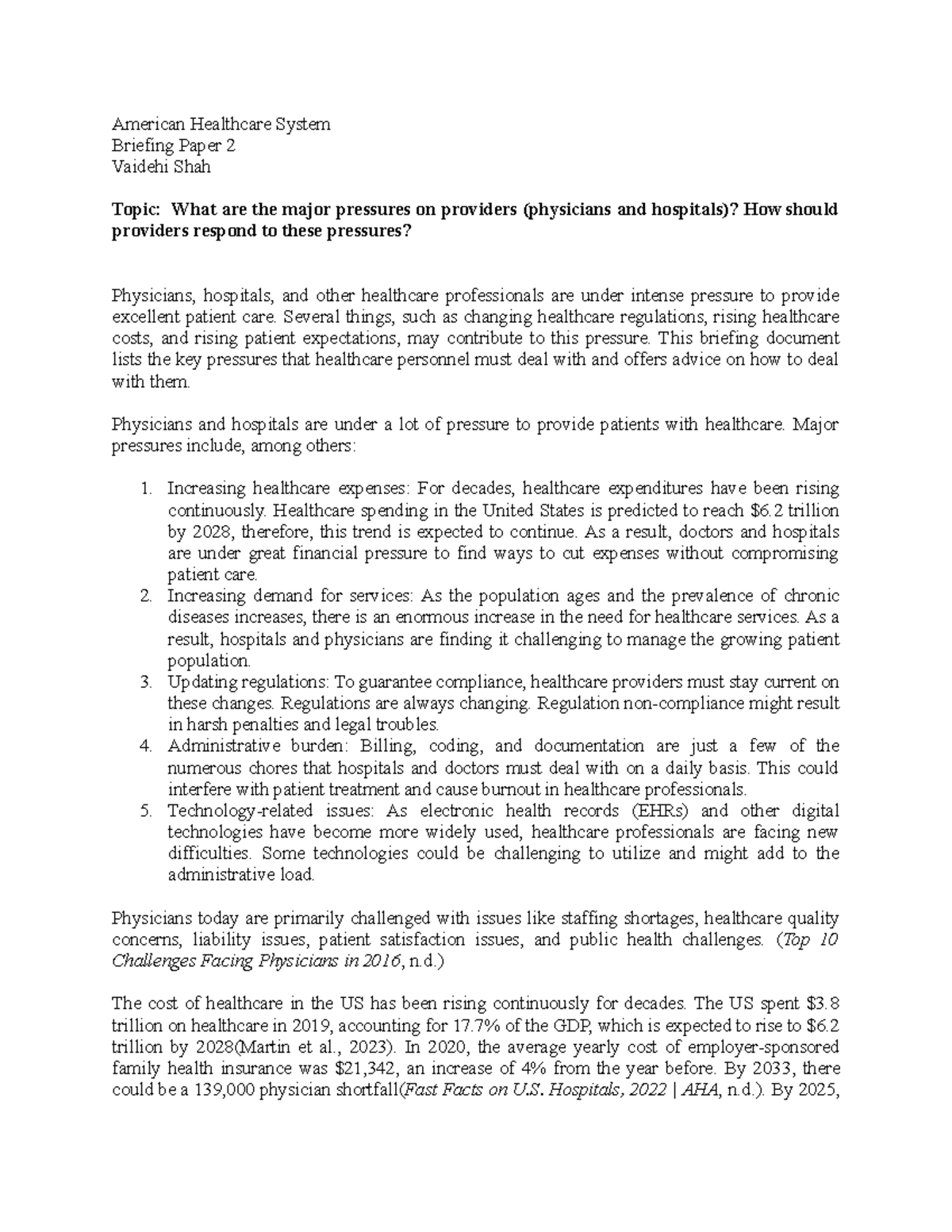 Briefing Paper 2 - American Healthcare System Briefing Paper 2 Vaidehi ...