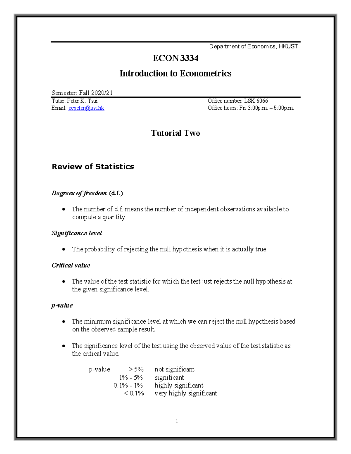 ECON3334 Tutorial 2 - 1 Department of Economics, HKUST ECON 3334 Introduction to Econometrics ...