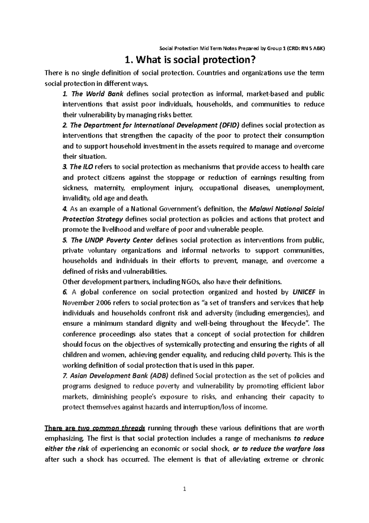 Social Protection Mid Term Notes - What is social protection? There is ...