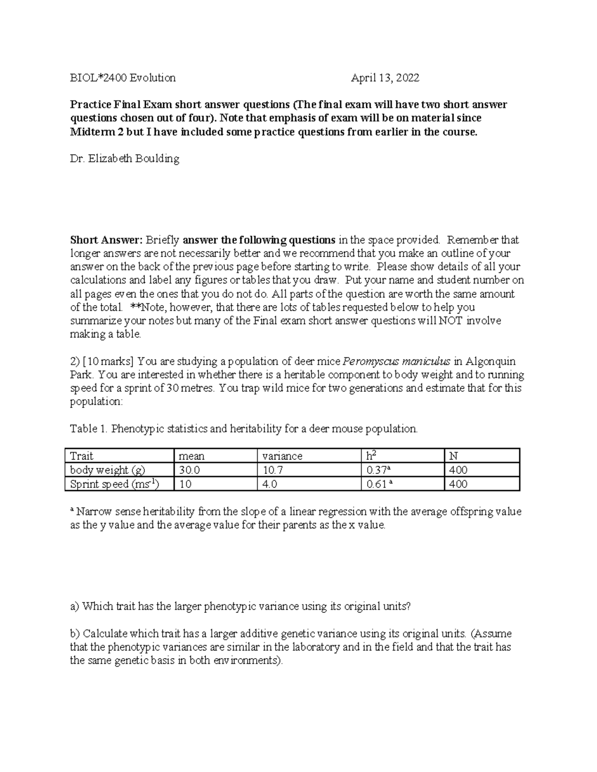 BIOL2400 Evolution Final Exam practice short answer questions F2022 ...