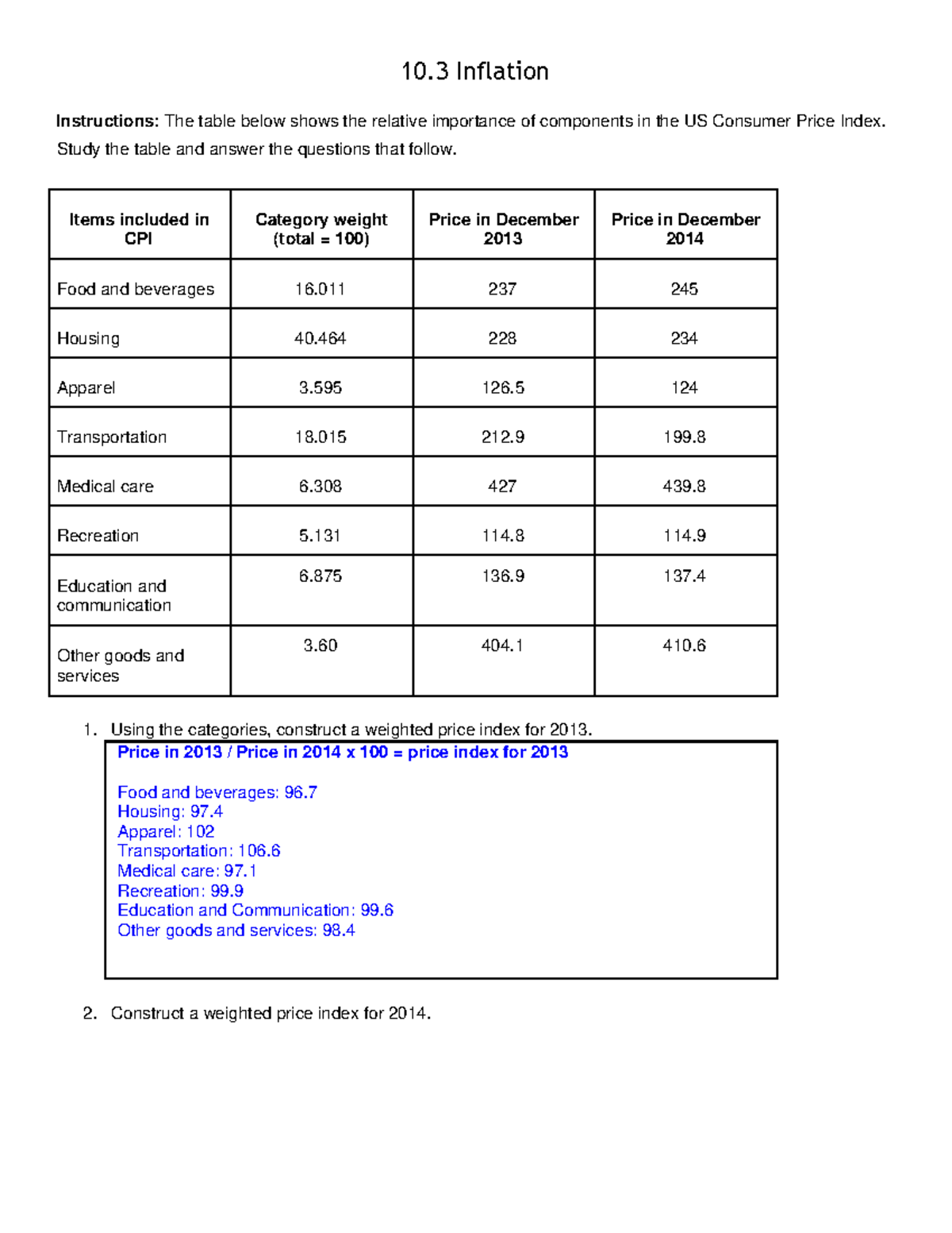 IB Economics Inflation exercise - 10 Inflation Instructions: The table ...