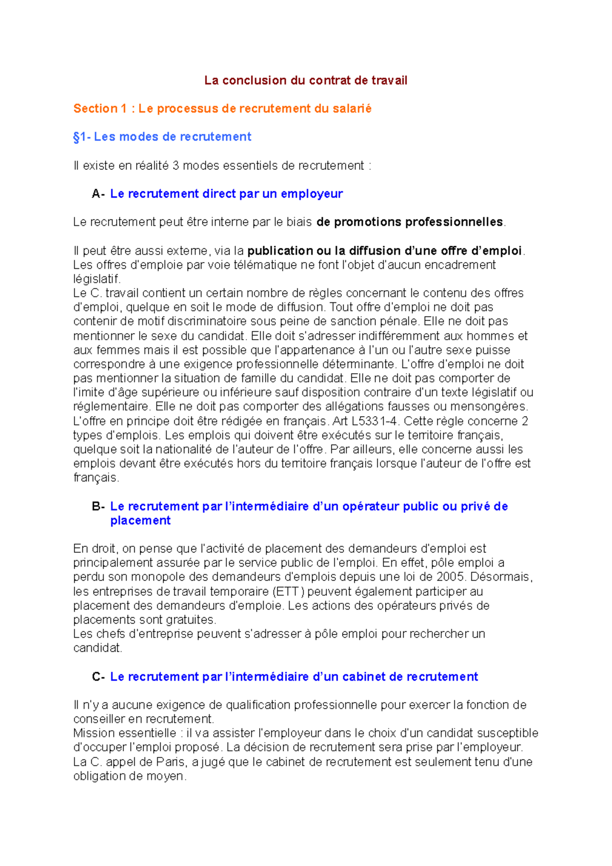 La conclusion du contrat de travail - La conclusion du contrat de ...