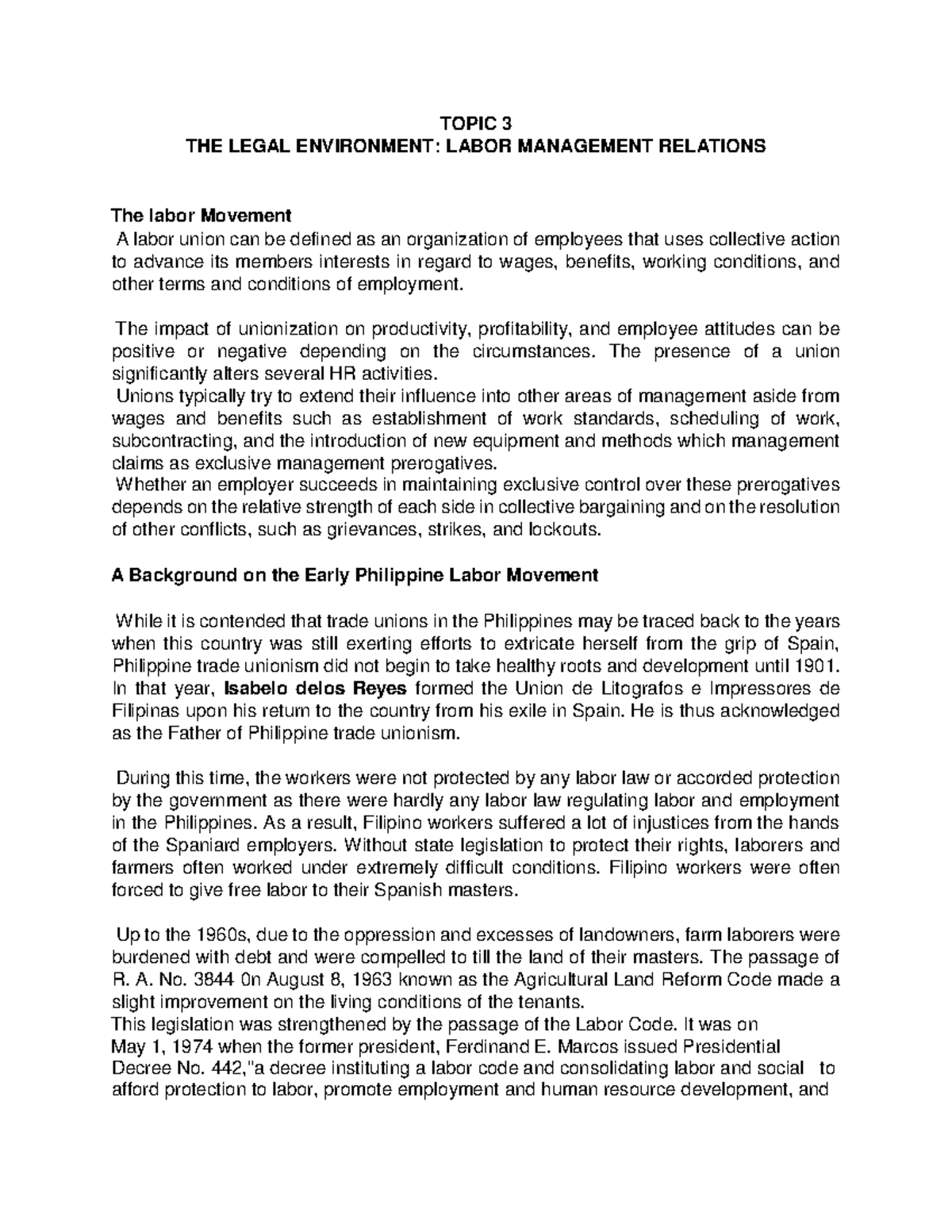 Topic 3 The Legal Environment - Labor Management Relations - TOPIC 3 THE LEGAL ENVIRONMENT ...