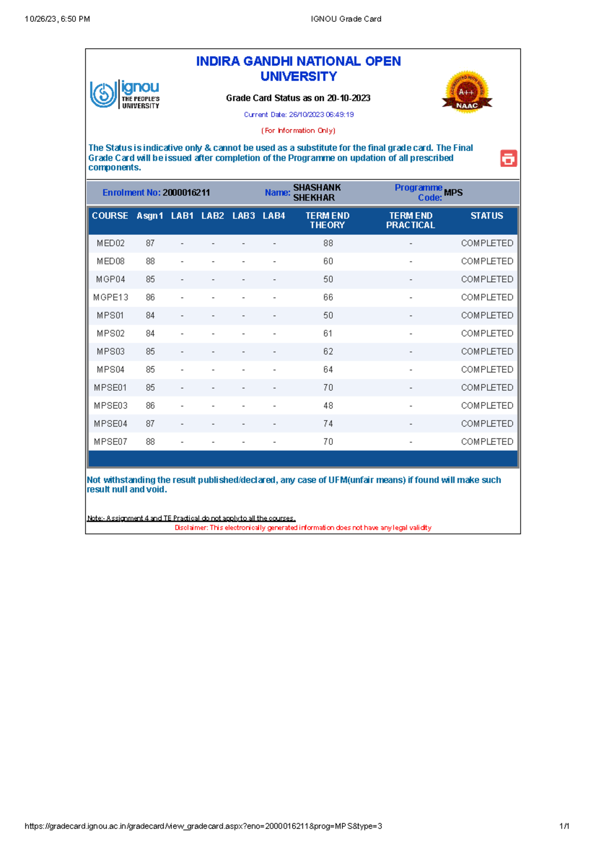 Ignou Grade Card - 10/26/23, 6:50 PM IGNOU Grade Card - Studocu