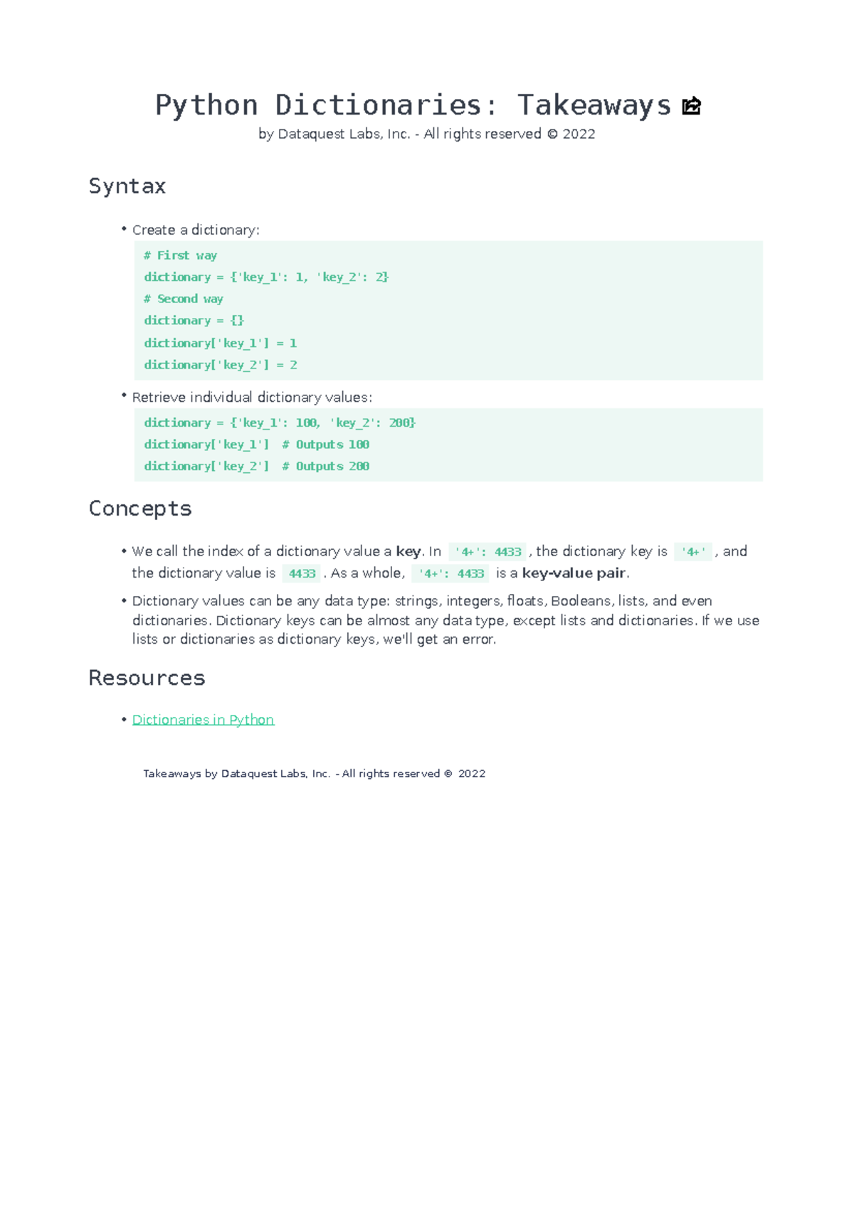 Dictionaries - Professor Qiang Gao - Python Dictionaries: Takeaways by Dataquest Labs, Inc ...
