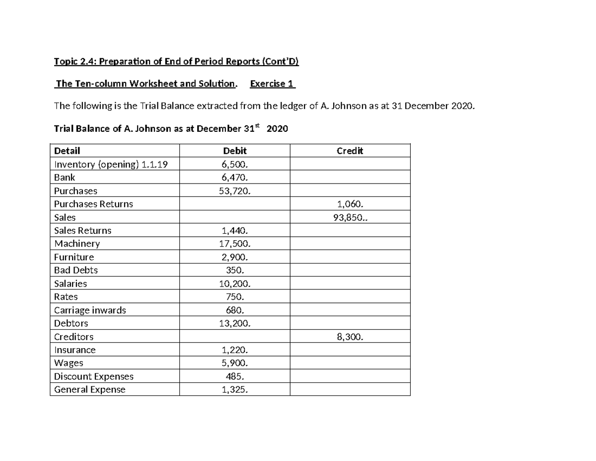 Topic 2 .4 Ten-column Worksheet -Template - Topic 2: Preparation of End ...