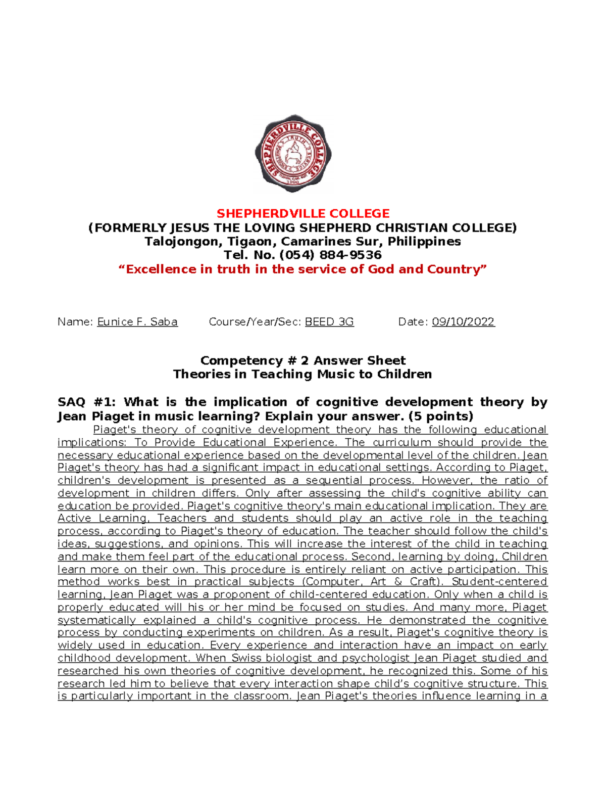 Answersheet #2 - Module - SHEPHERDVILLE COLLEGE (FORMERLY JESUS THE ...