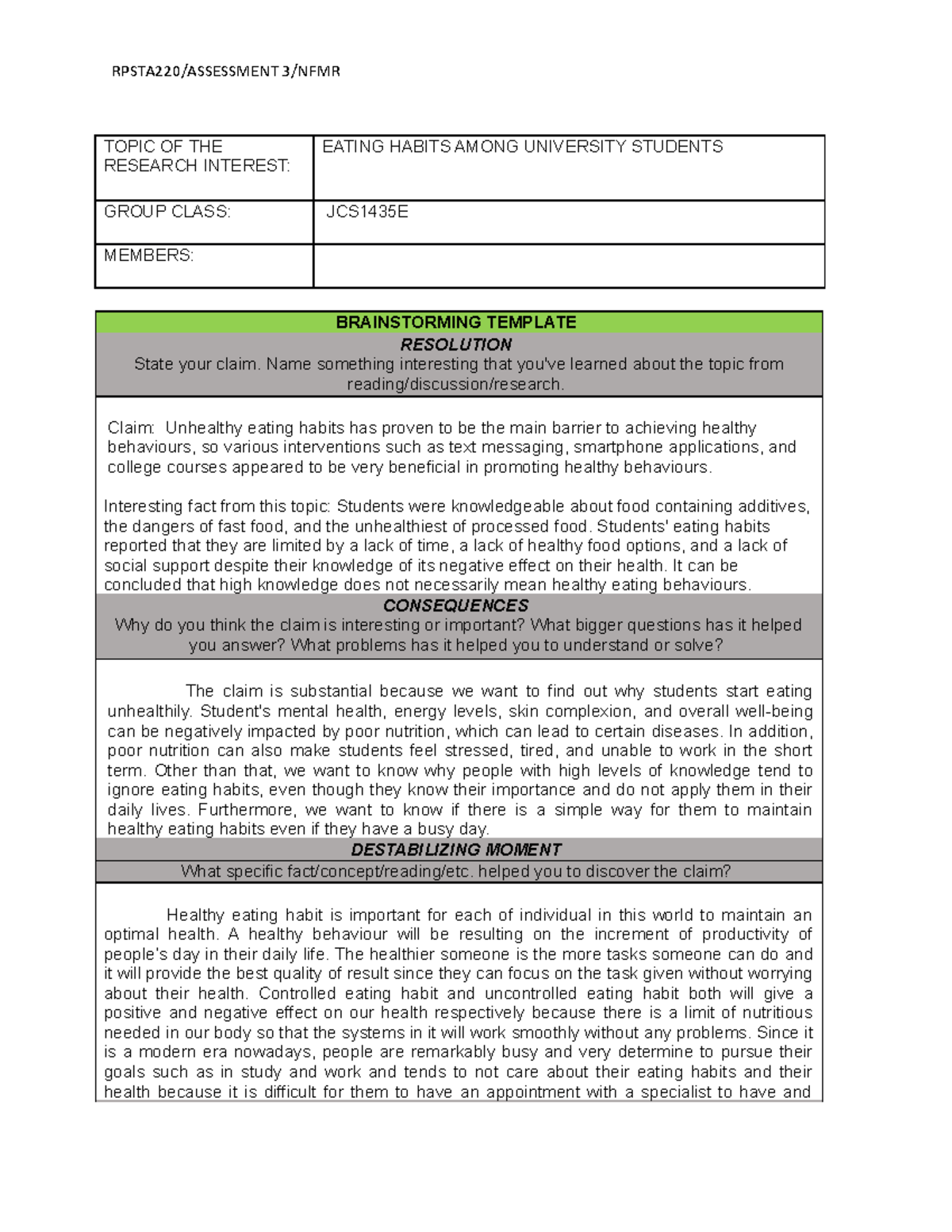STA220 Part A - resolution, consequences,destabilizing, status quo,prob ...