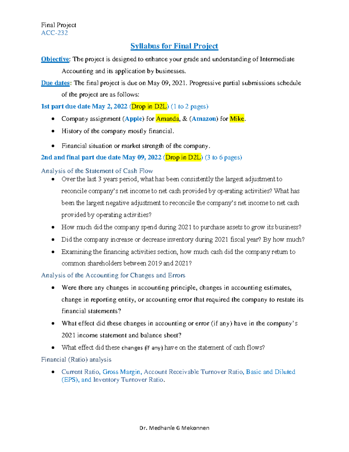 Final Project ACC-232(Spring 2022) - Final Project ACC- Dr. Medhanie G ...