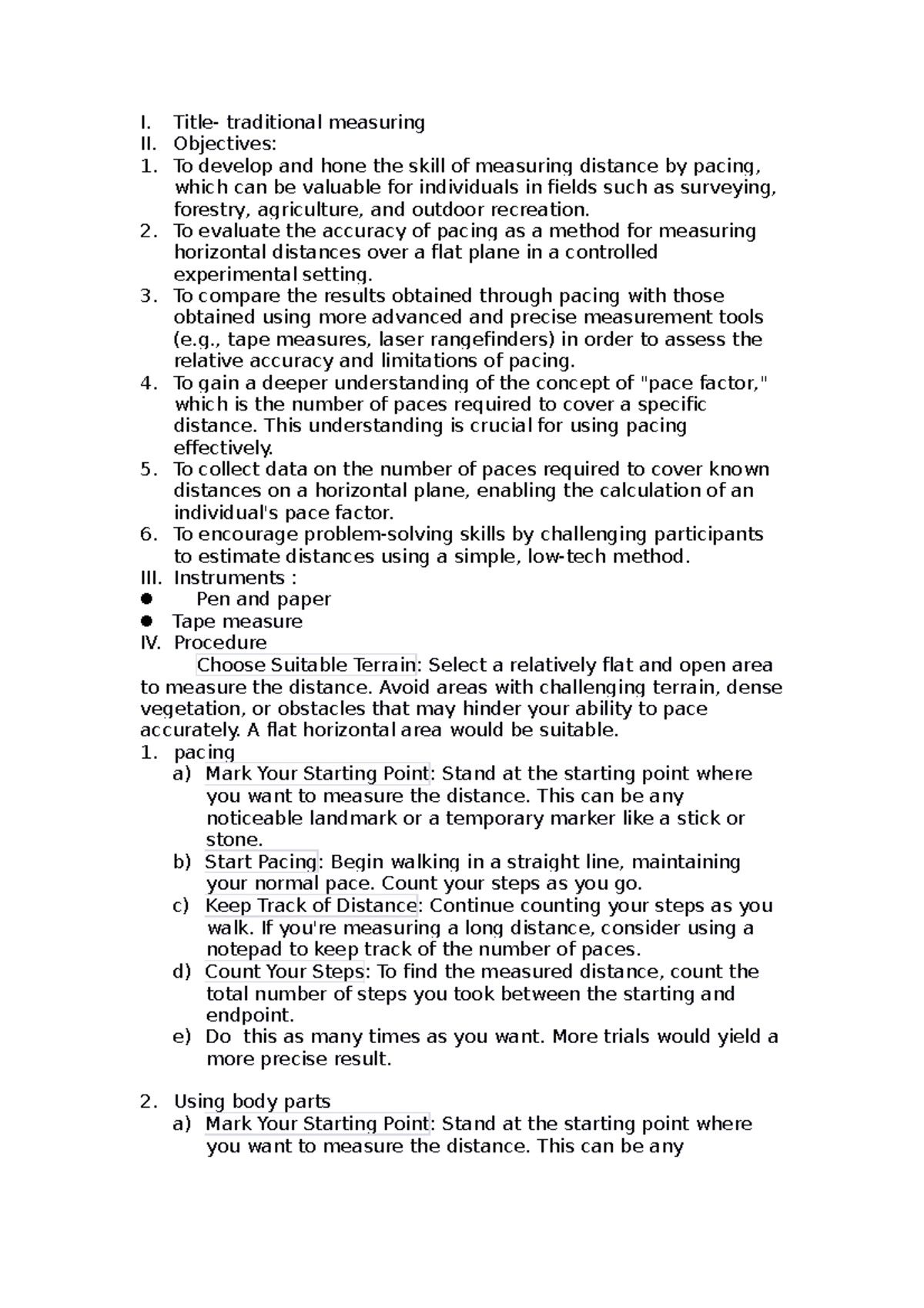 CE211-surveying - I. Title- traditional measuring II. Objectives: To ...