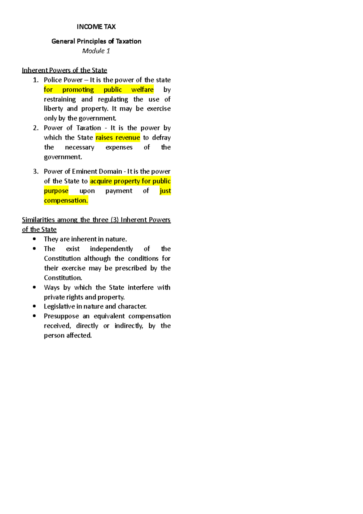 M1T1 Inherent Powersofthe State - INCOME TAX General Principles of ...