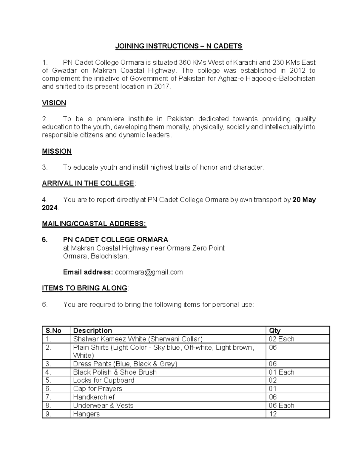 Joining Instructions N Cadets (3) 013517 - JOINING INSTRUCTIONS – N CADETS PN Cadet College ...