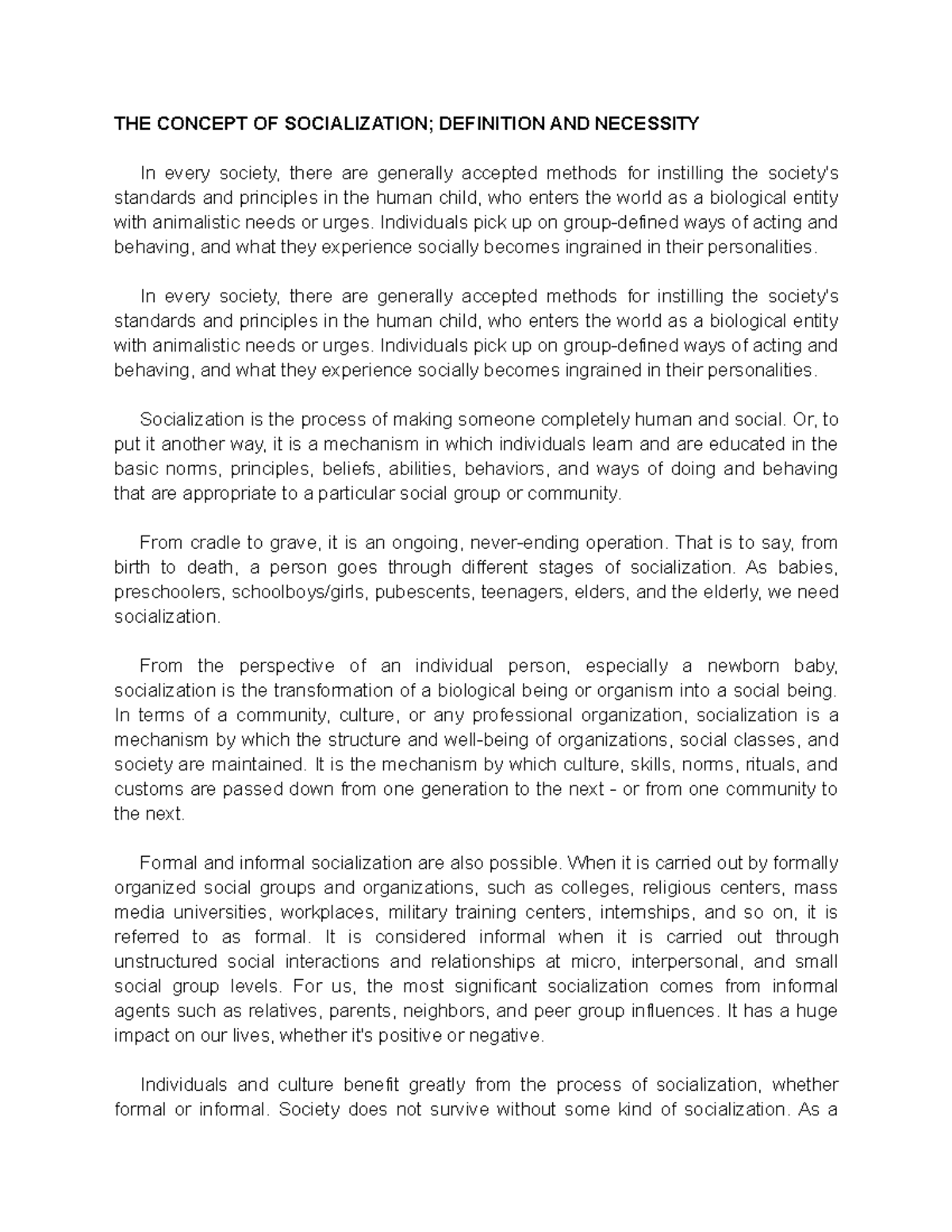 THE Concept OF Socialization - THE CONCEPT OF SOCIALIZATION; DEFINITION ...