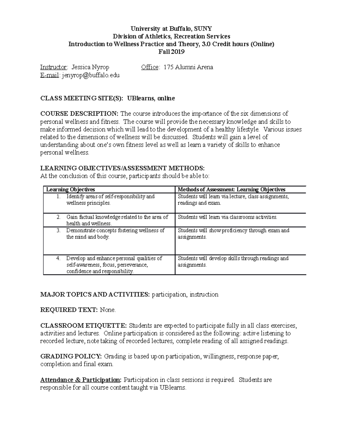 Rec 190 fa 19 - syllabus - University at Buffalo, SUNY Division of ...