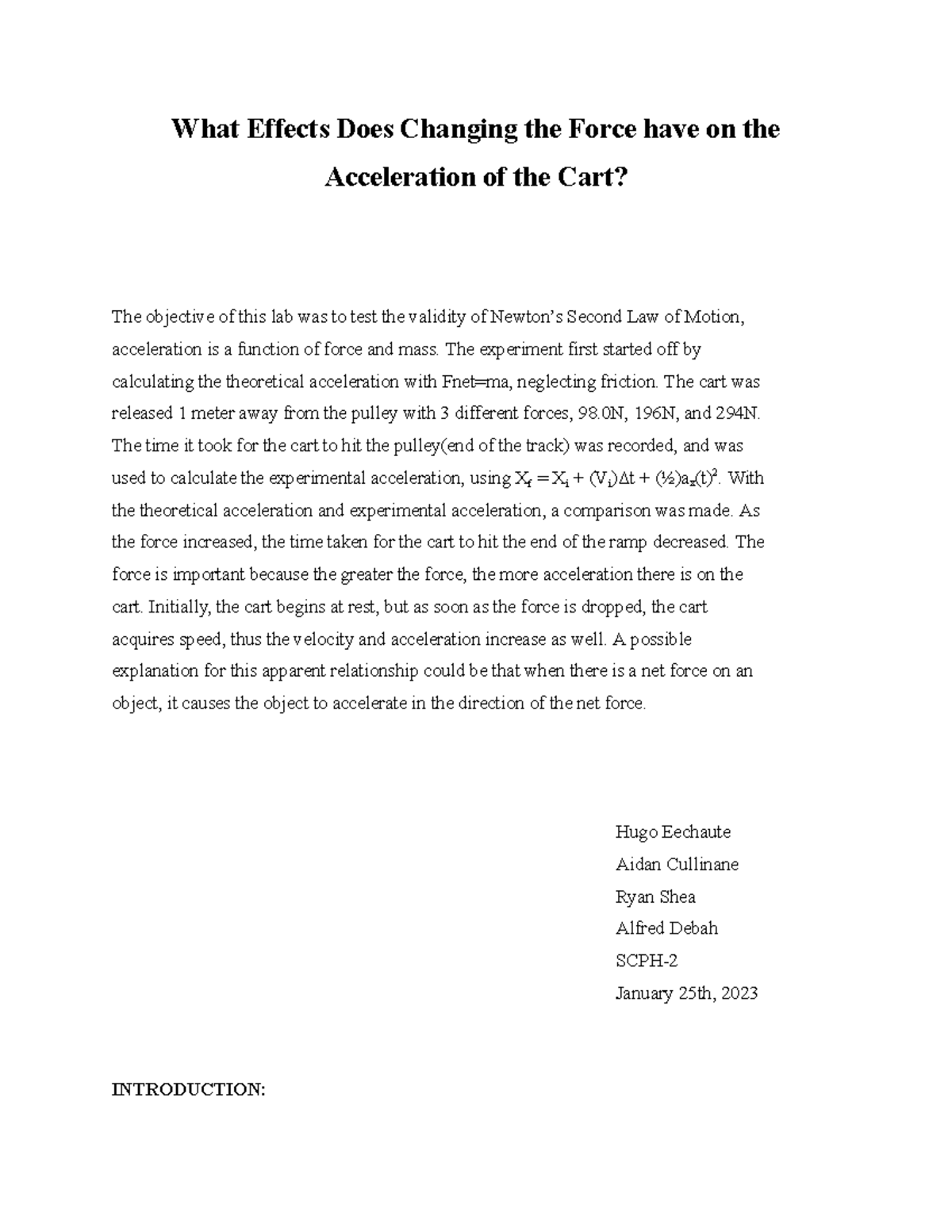 Sir Isaac Newton’s Second Law of Motion Lab Report - What Effects Does ...