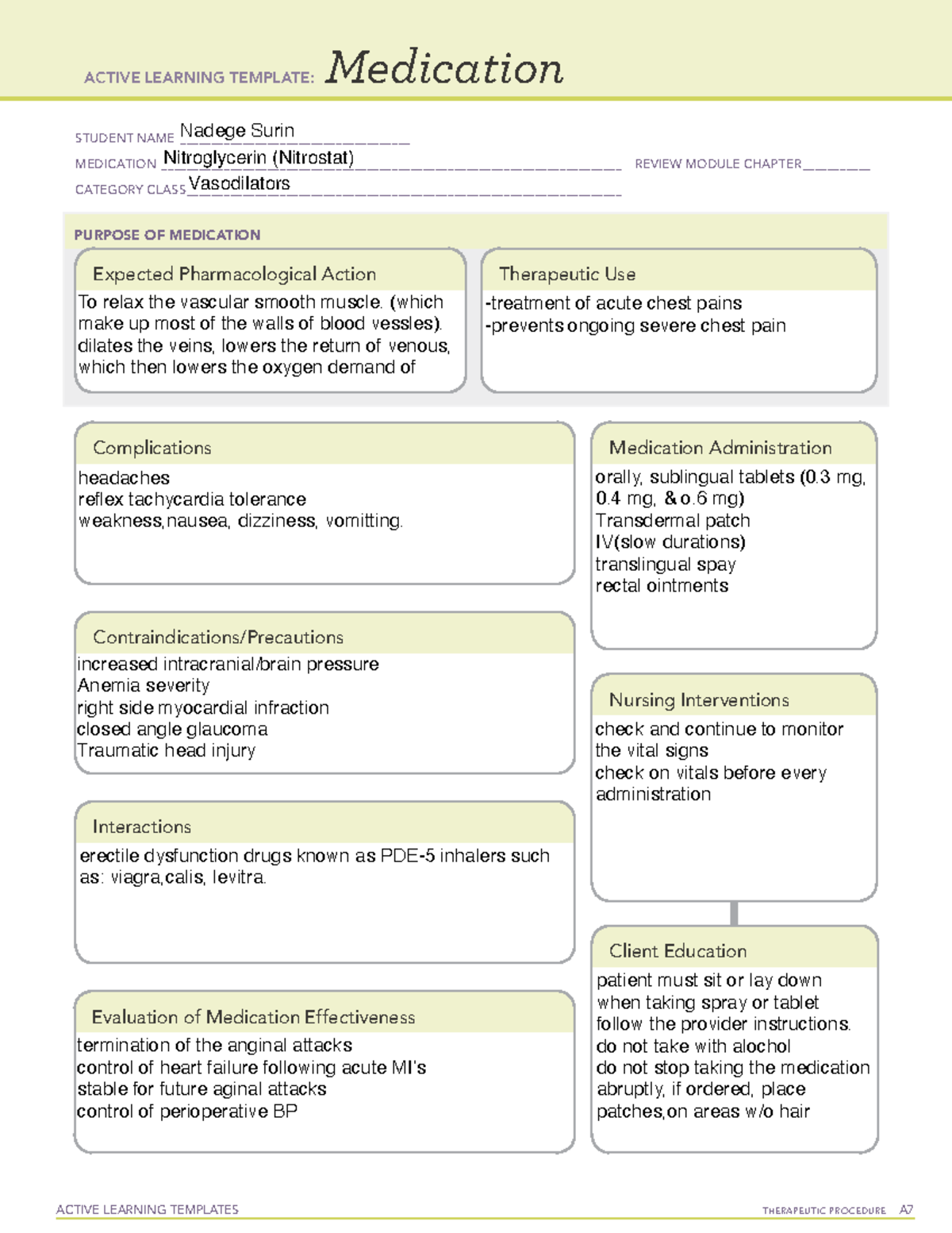 Nitroglycerin Medication.pdf Nad - ACTIVE LEARNING TEMPLATES ...