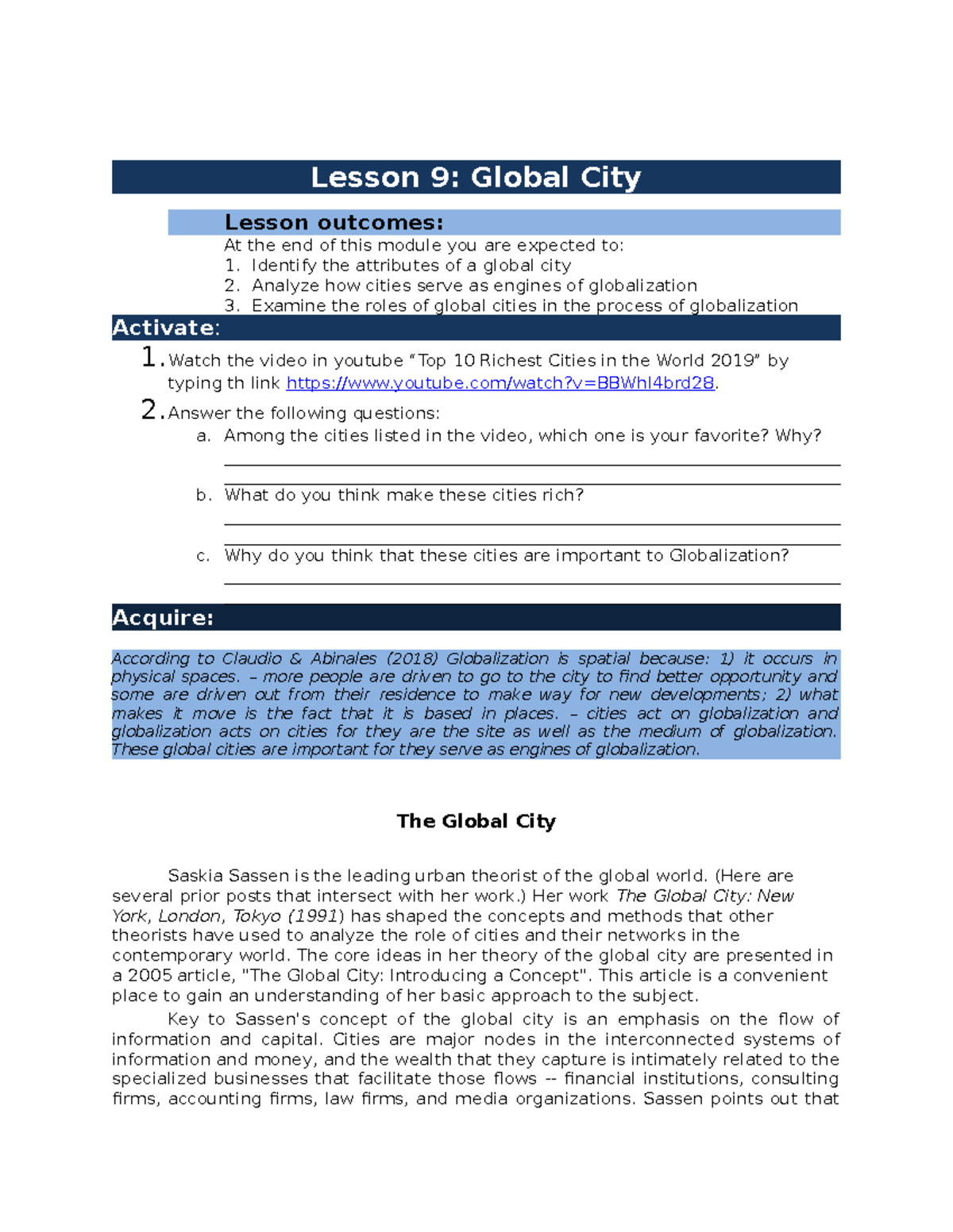 Lesson 9 globalcity - For students that needs more understanding about ...