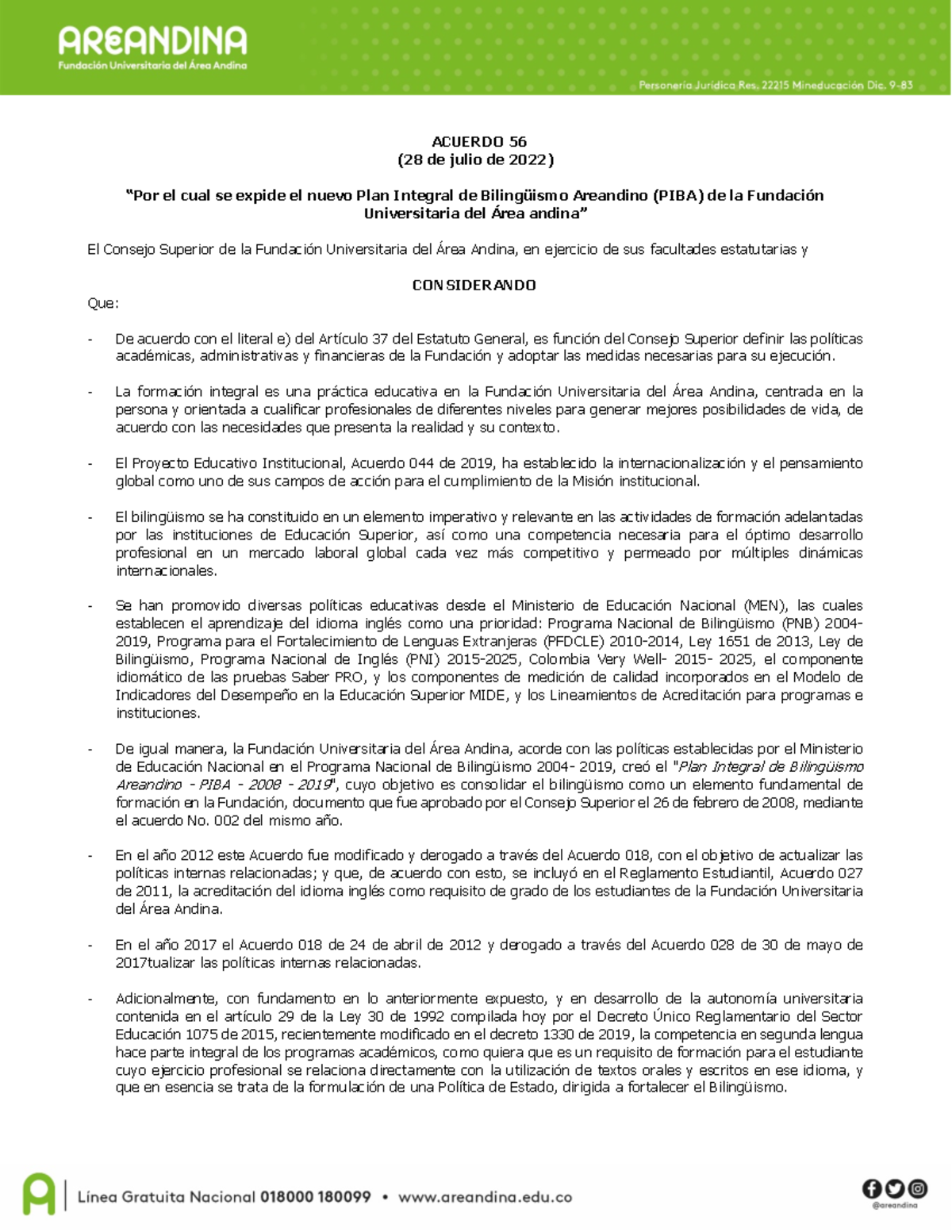 Acuerdo 56 de 28 de julio de 2022 nuevo plan integral de bilinguismo ...