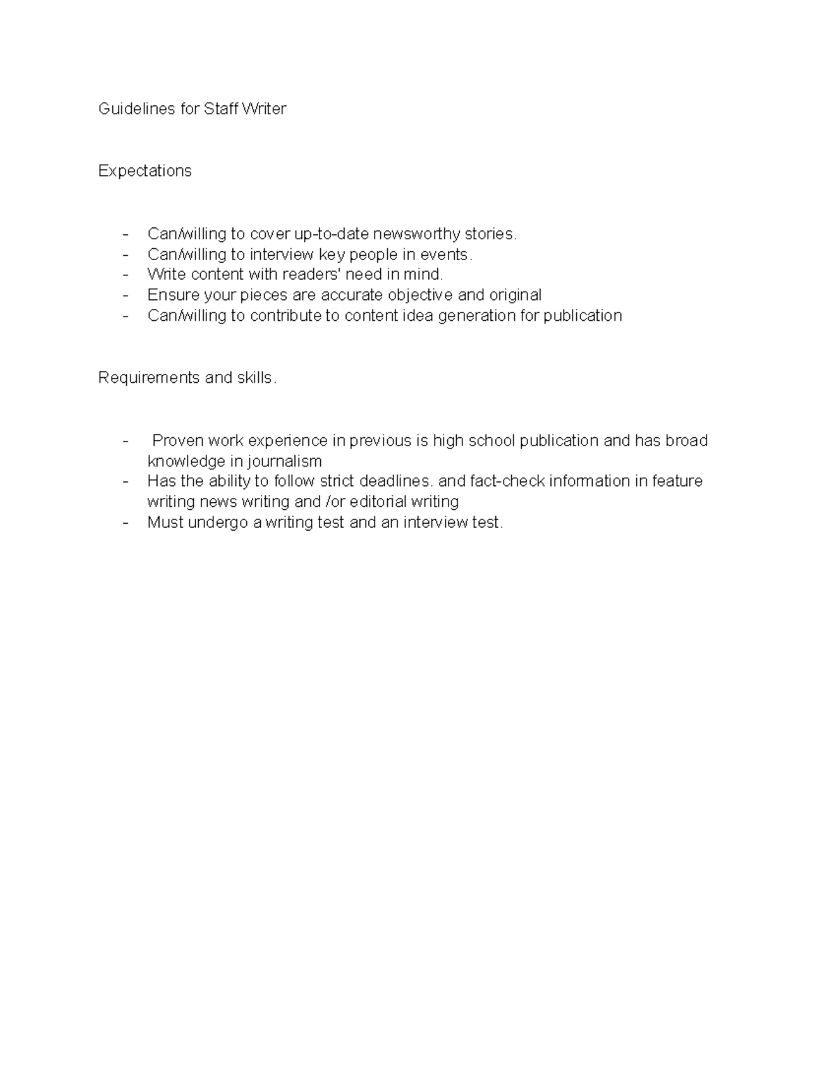 Guidelines for Staff Writer - Guidelines for Staff Writer Expectations ...