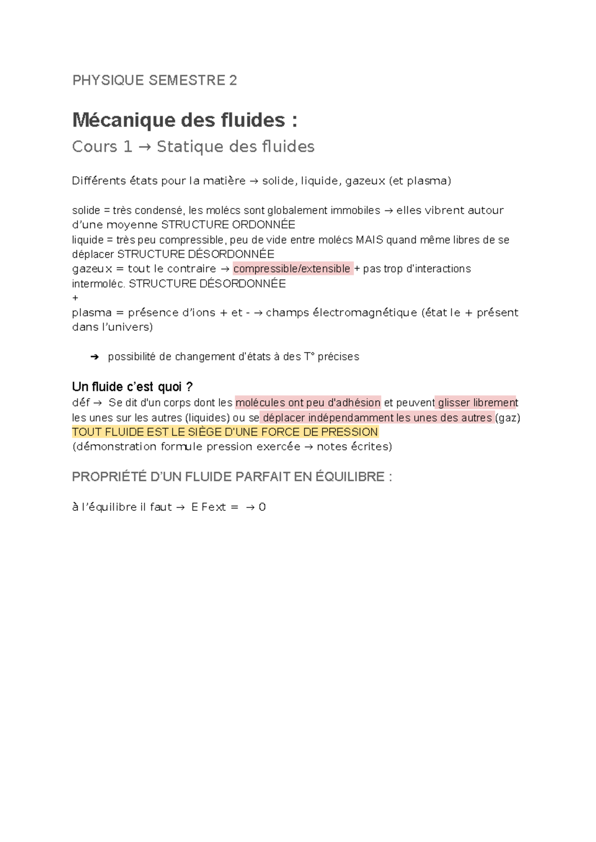 notes mécaniques des fluides (physique) - PHYSIQUE SEMESTRE 2 Mécanique ...