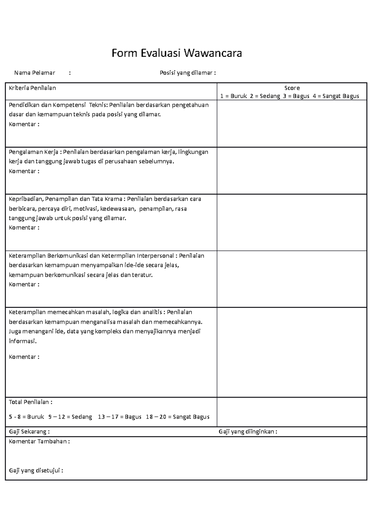 Form Evaluasi Wawancara - Komentar : Pengalaman Kerja : Penilaian ...